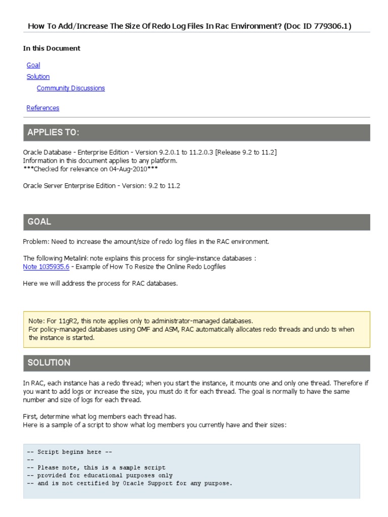 How To Add Increase The Size of Redo Log Files in Rac Environment | PDF ...