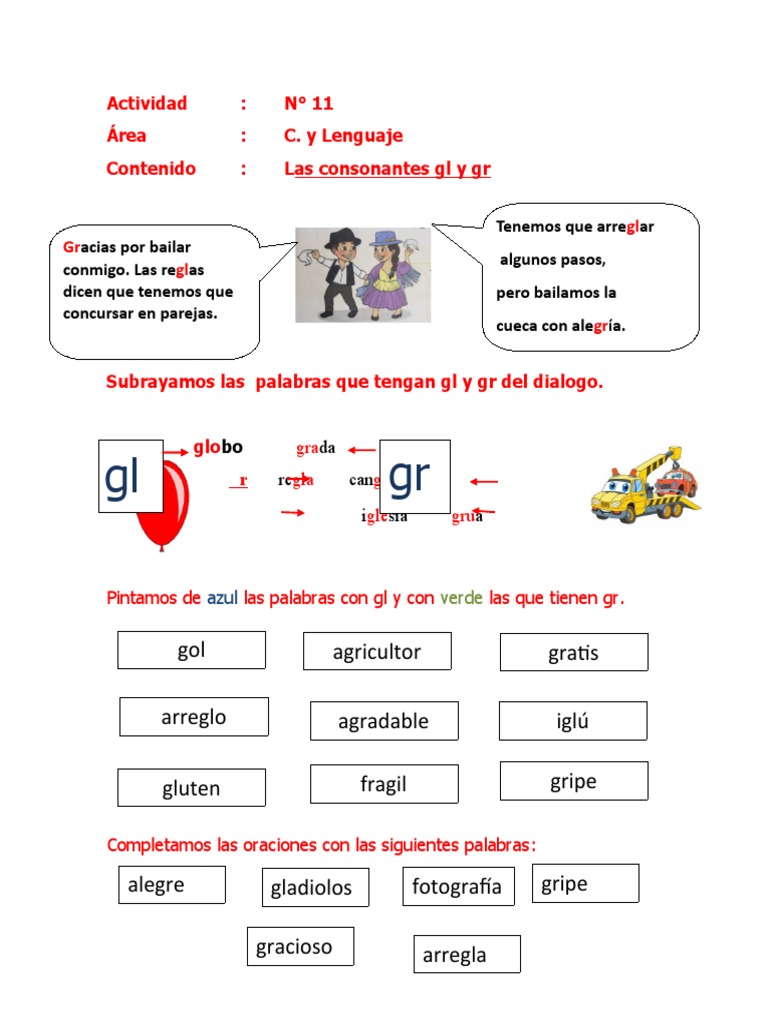 Actividad de LENGUAJE Consonantes GL y GR | PDF
