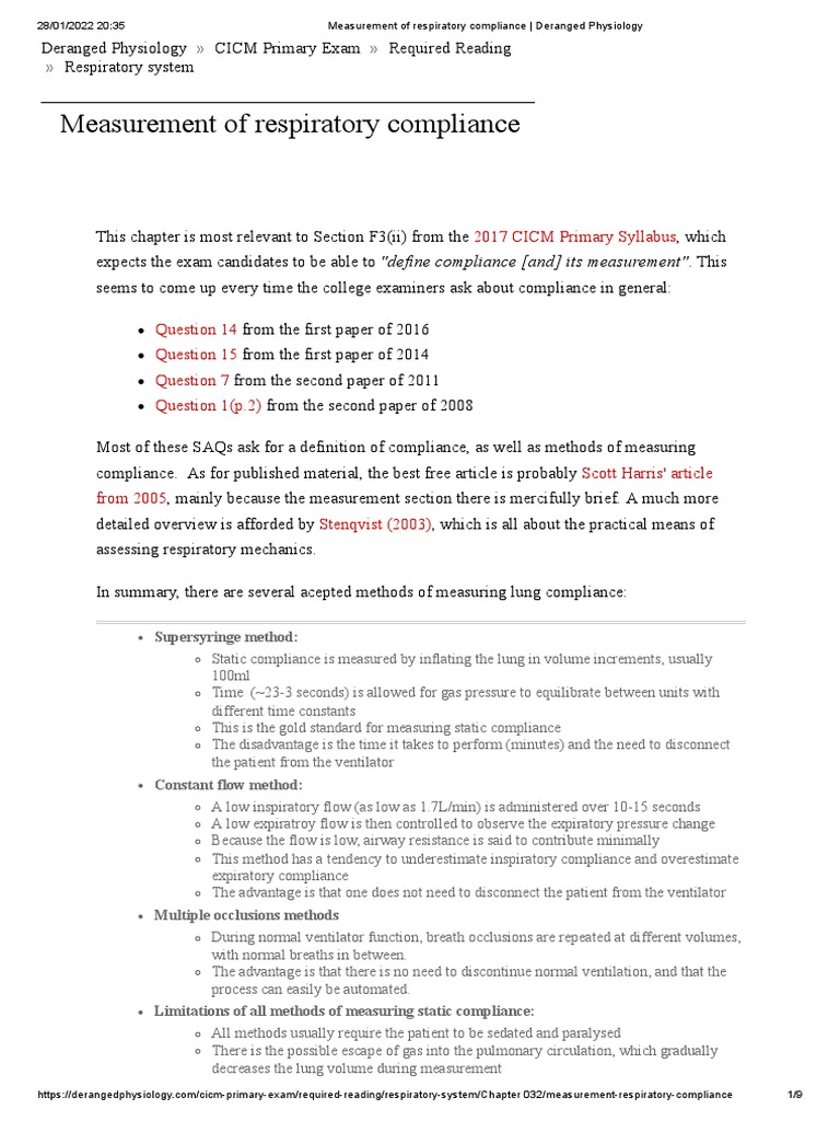 Measurement of Respiratory Compliance - Deranged Physiology | PDF ...