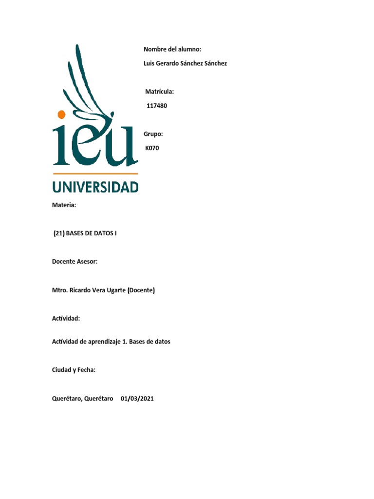 Actividad de Aprendizaje 1. Bases de Datos | PDF | Mi sql | Bases de datos