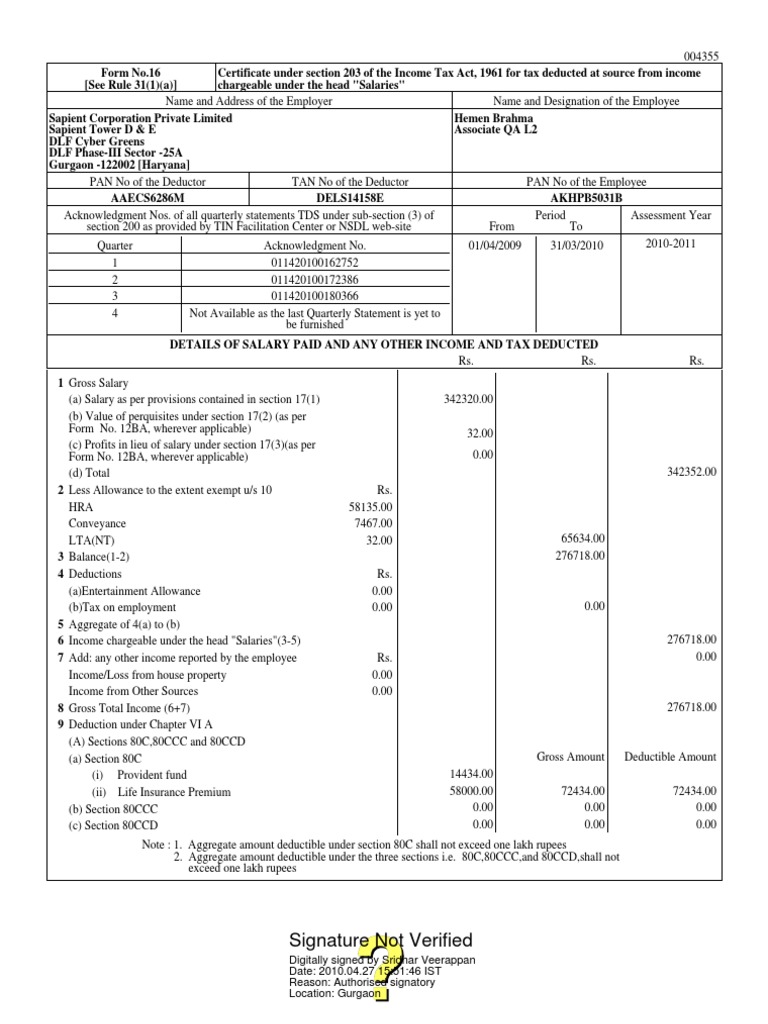 Income Tax TDS Certificate Form 16 | PDF | Employee Benefits | Employment