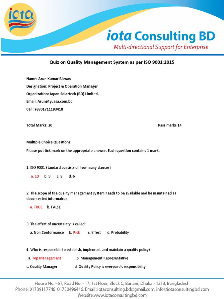 Quiz For ISO 9001 | PDF | Iso 9000 | Quality Management