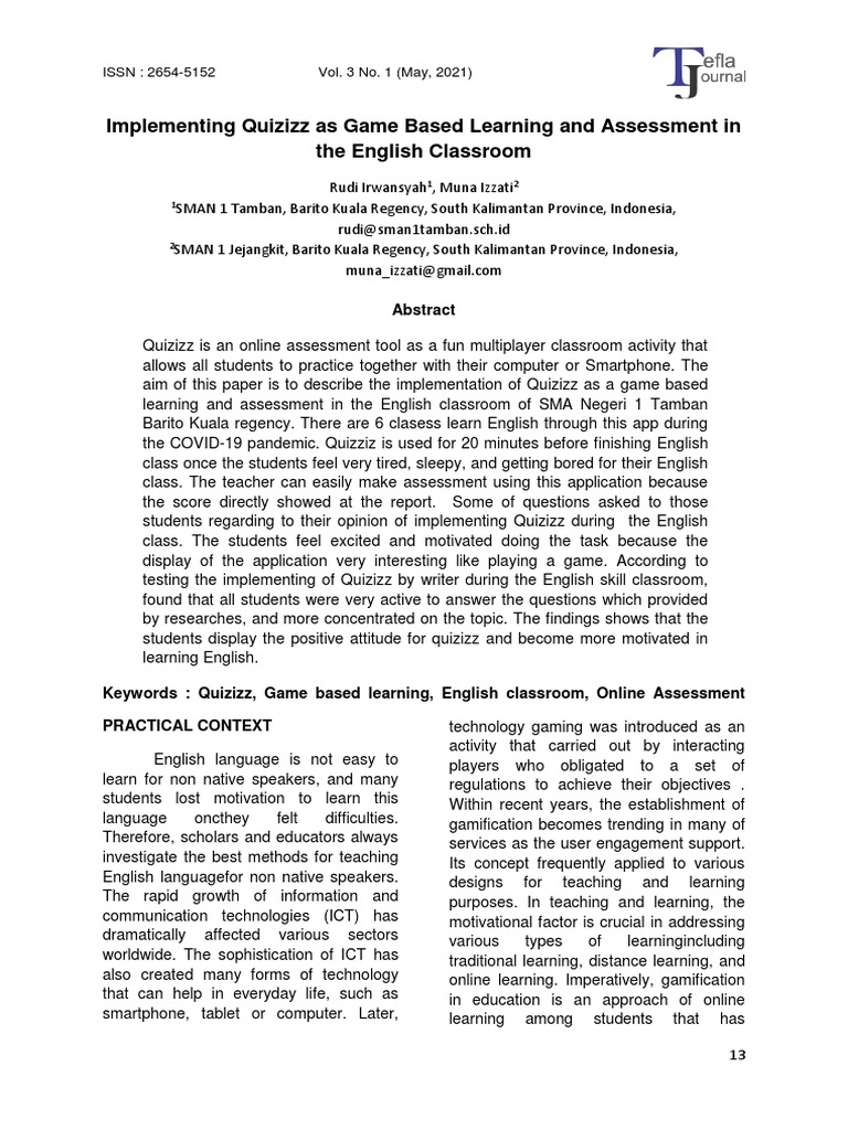 Implementing Quizizz As Game Based Learning and Assessment in The English Classroom | PDF ...