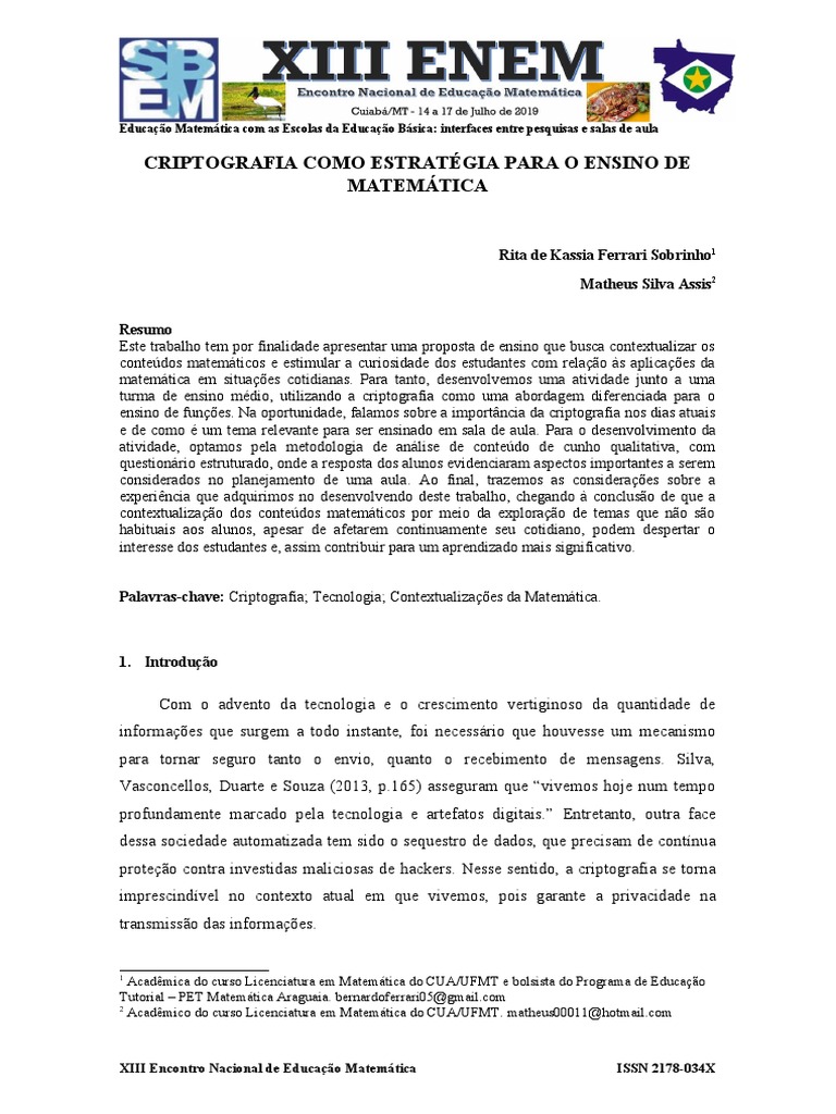 Criptografia Como Estratégia para o Ensino de Matemática | PDF | Criptografia | Criptoanálise
