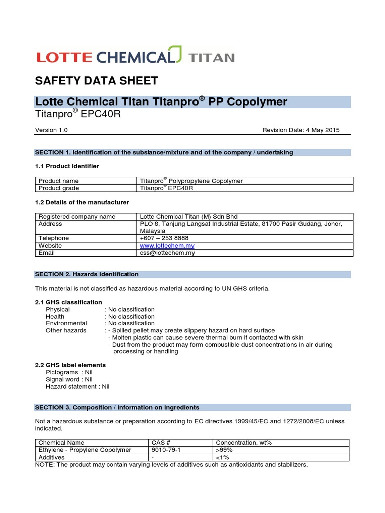 Safety Data Sheet Lotte Chemical Titan Titanpro PP Copolymer | PDF ...