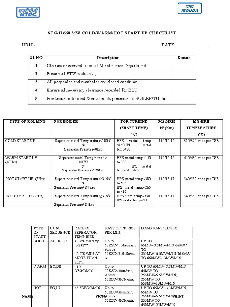 STG-II 660 MW Cold Start Checklist | PDF | Boiler | Valve