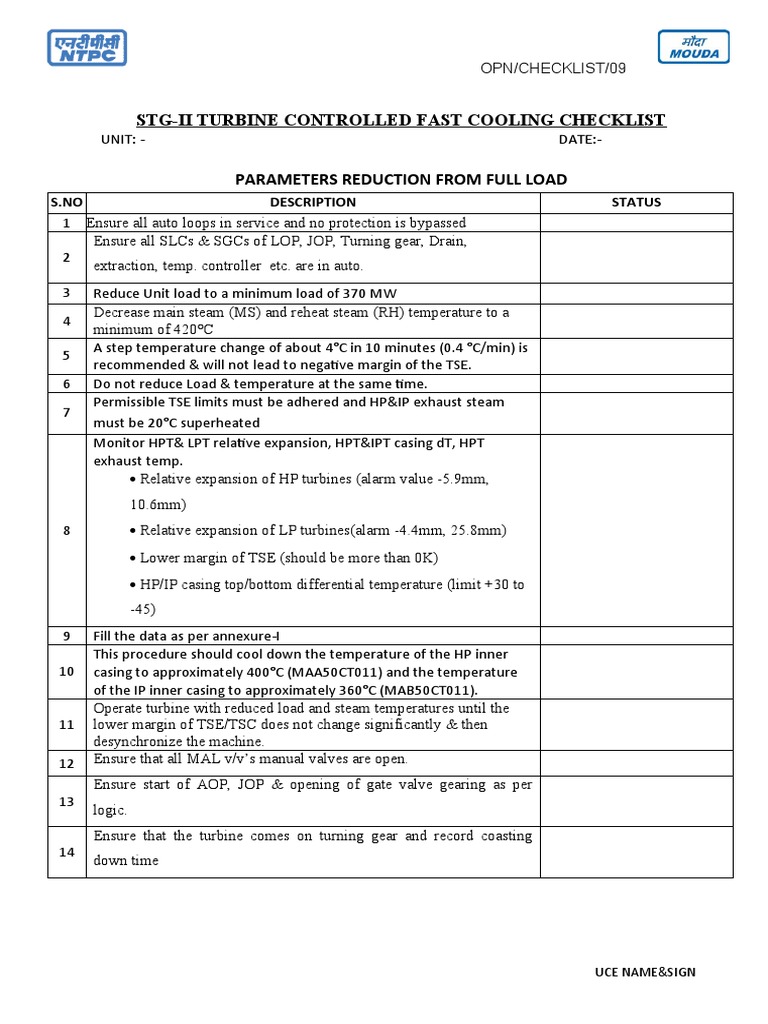 STG-II Turbine Fast Cooling Checklist | PDF | Steam | Valve