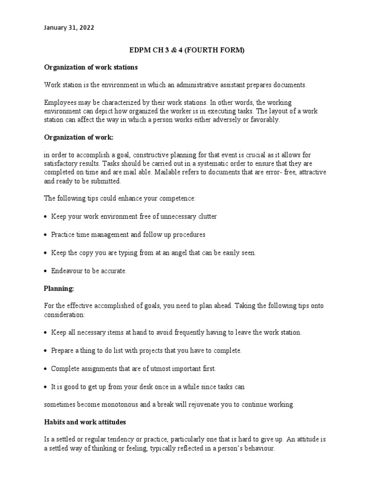 Edpm CH 3 & 4 (Fourth Form) Organization of Work Stations | Download Free PDF ...