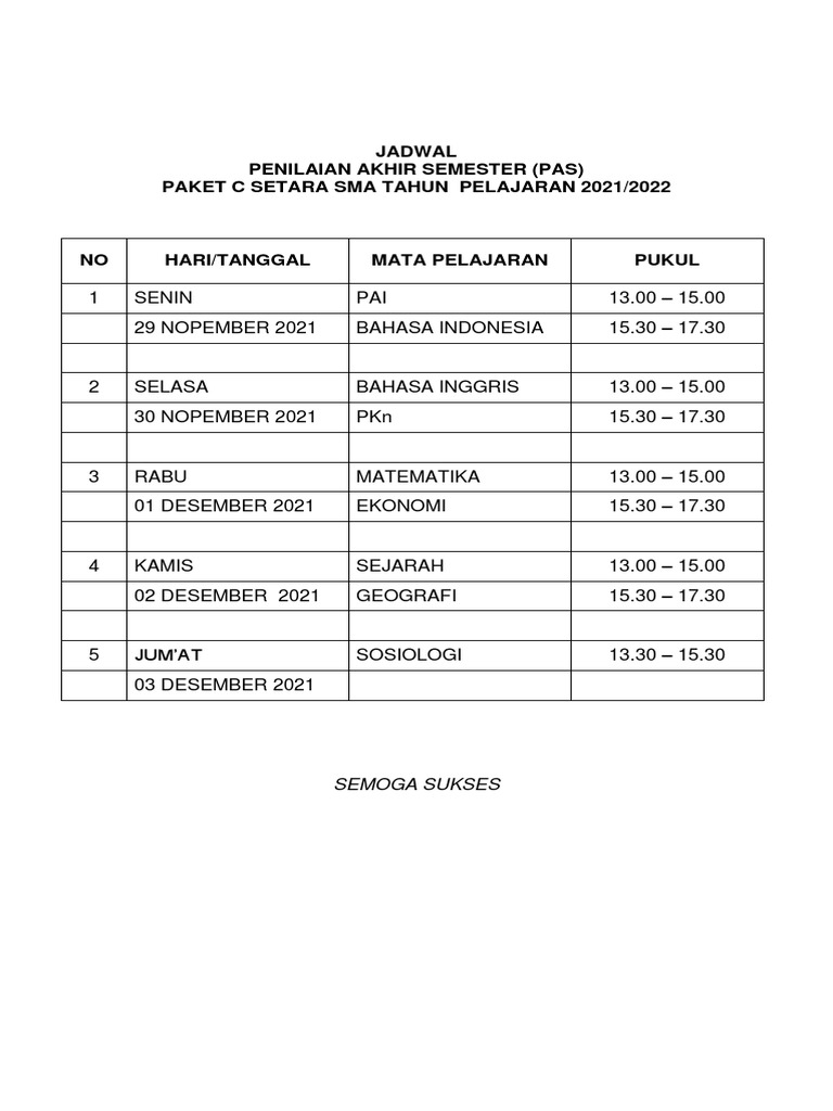 Jadwal Pas Paket Abc 2021 | PDF