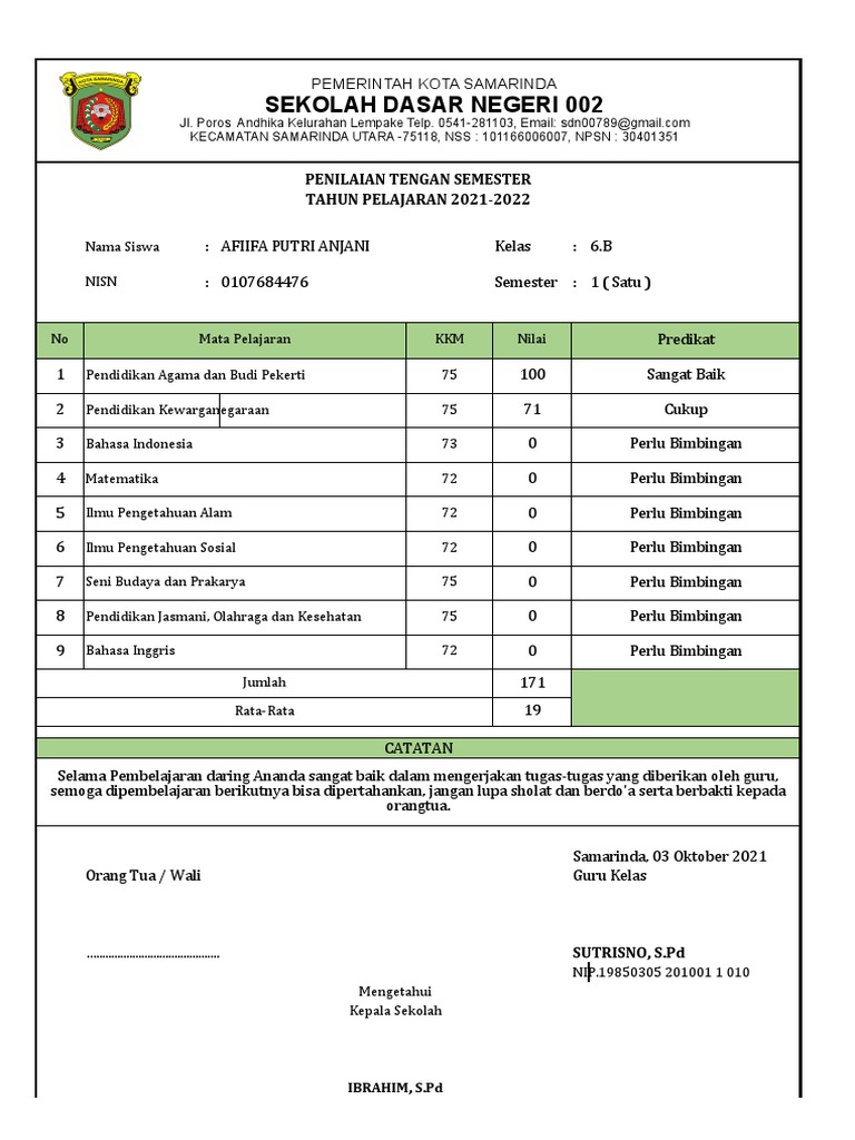 Rapot PTS Kelas 6 | PDF