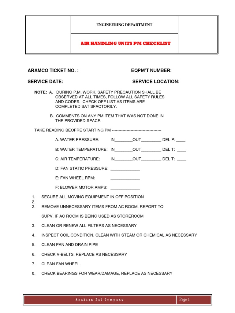 Ahu PM Checklist | PDF | Water | Mechanical Engineering