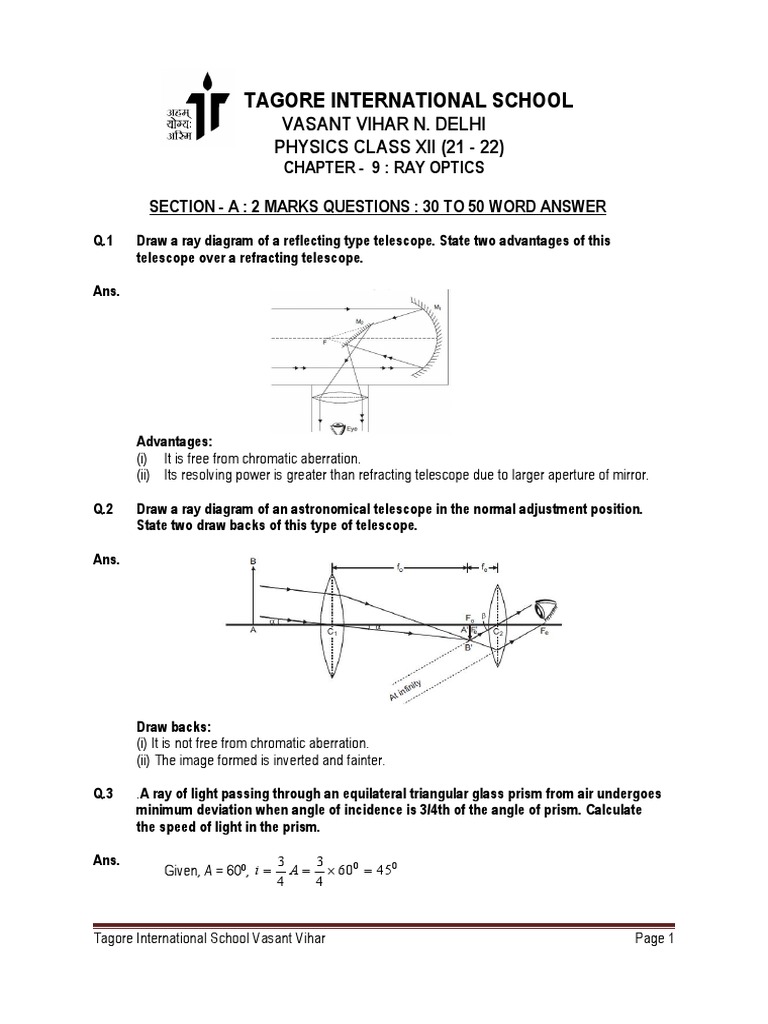 RAY OPTICS Chapter 9 Class 12 | PDF | Refractive Index | Optics