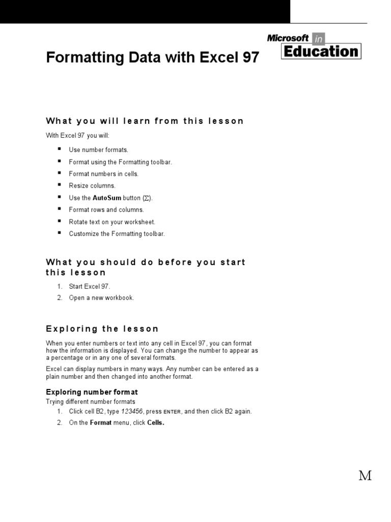 Formatting Data With Excel 97 | PDF | Worksheet | Microsoft Excel