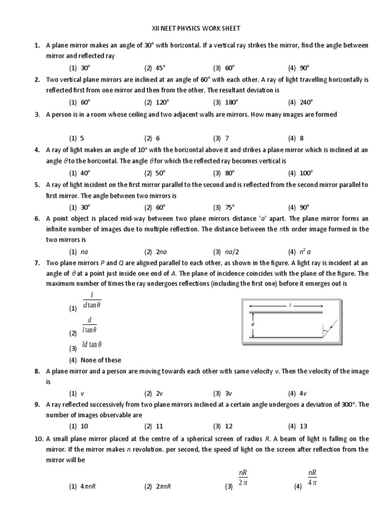 NEET Plane Mirror Optics Worksheet | PDF | Mirror | Glass Engineering ...