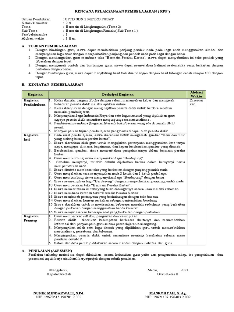 RPP Daring Kelas 2 Tema 2 ST 1 | PDF