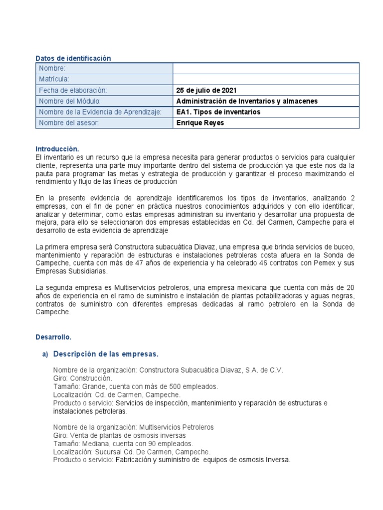 EA1. Tipos de Inventarios - EA1 | PDF | Inventario | Business