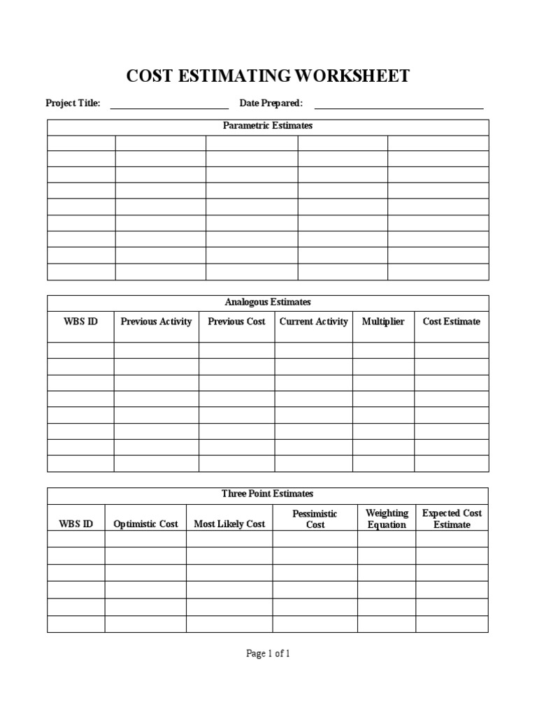 Cost Estimating Worksheet | PDF
