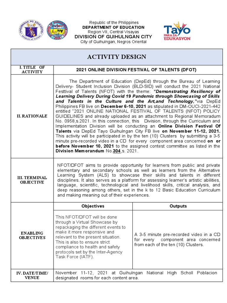 Activity Design: Division of Guihulngan City | PDF | Curriculum