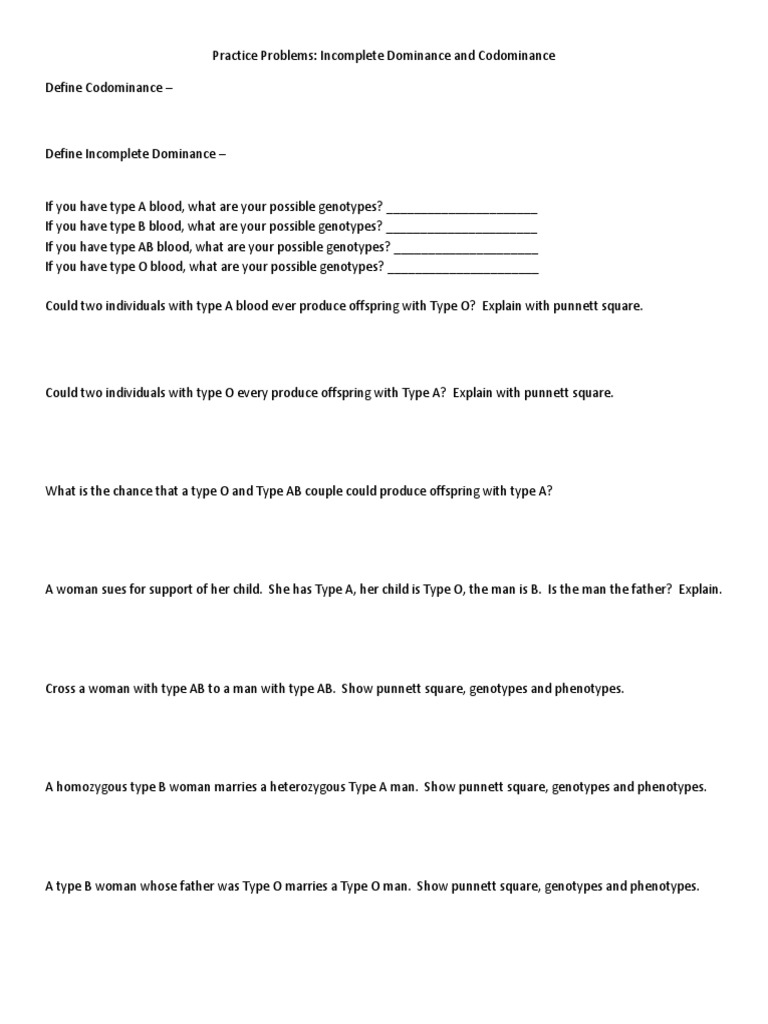 Incomplete and Codominance Practice Problems | PDF | Dominance ...