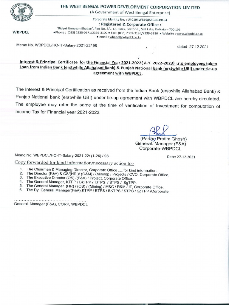 HBL Interest & Principal Certificate-2021-2022 | PDF