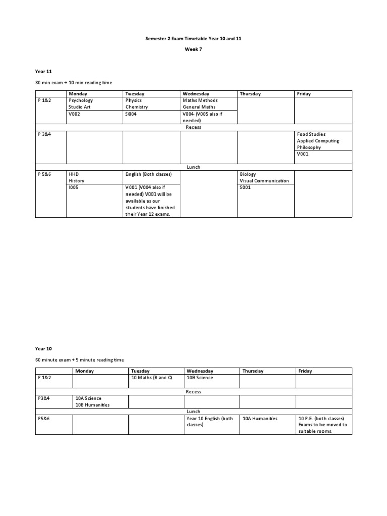 Semester 2 Exam Timetable Year 10 and 11 Week 7 | PDF | Science