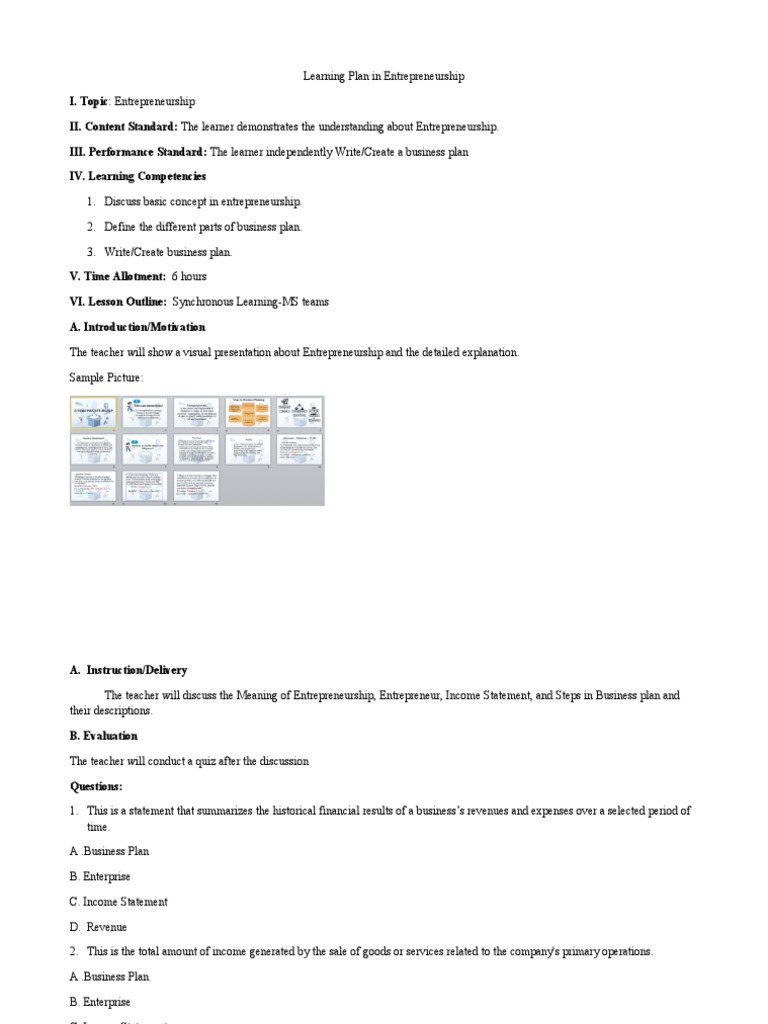 Entrepreneurship Learning Plan Guide | PDF | Entrepreneurship | Income ...