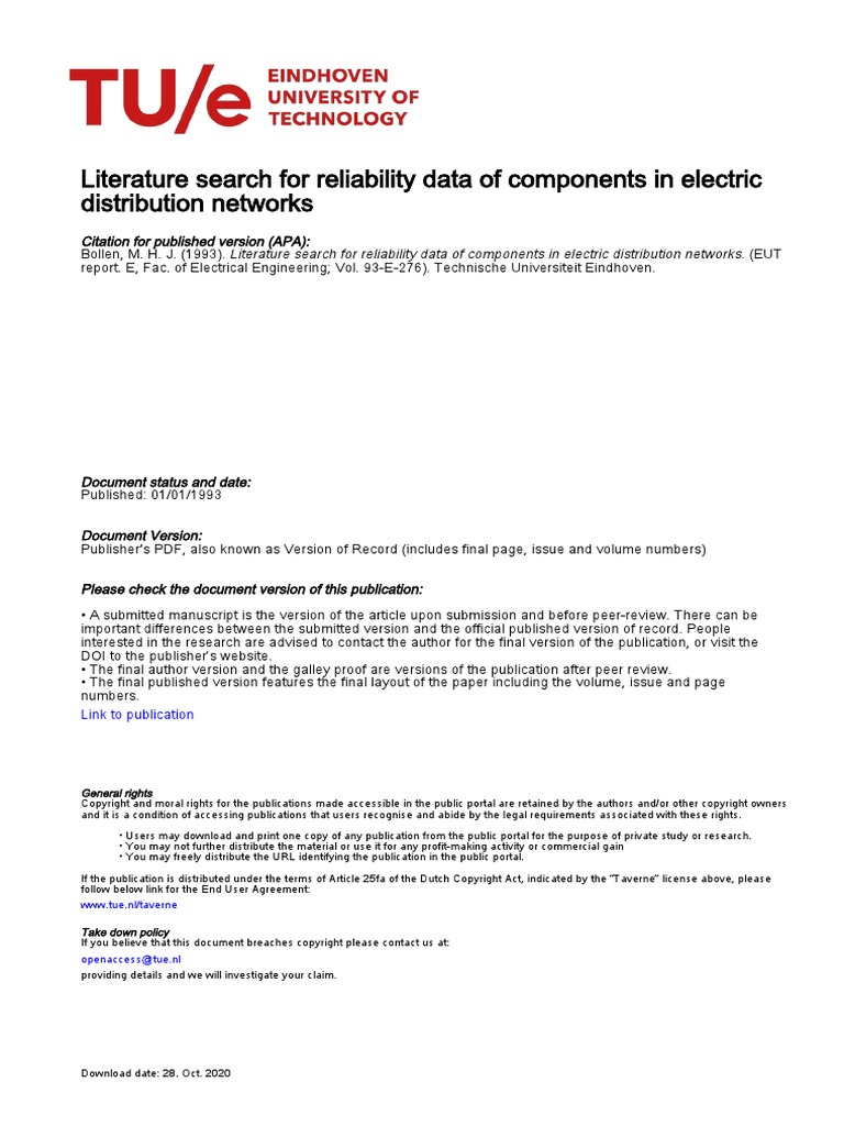 Literature Search For Reliability Data of Components in Electric Distribution Networks | PDF ...