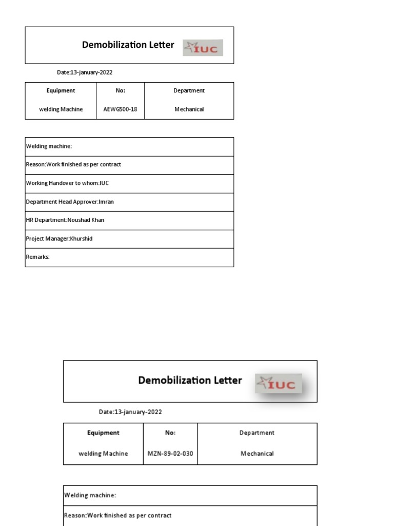 Demobilization Letter Template for Welding Machine | PDF