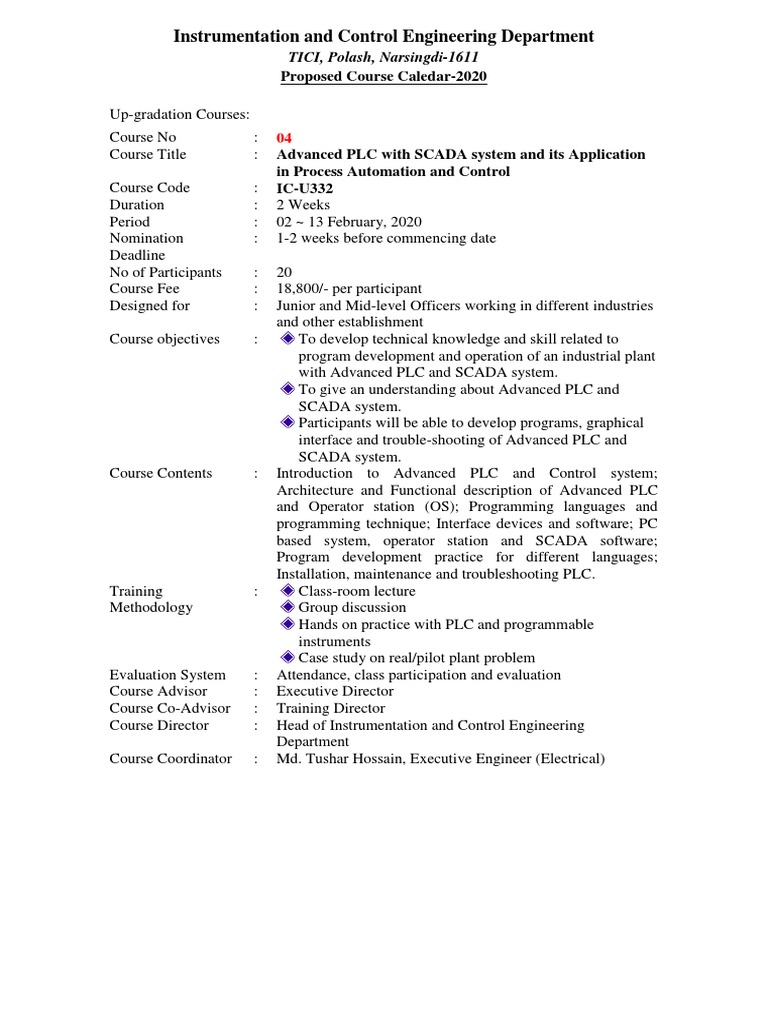 Instrumentation and Control Engineering Department: Proposed Course Caledar-2020 | PDF ...