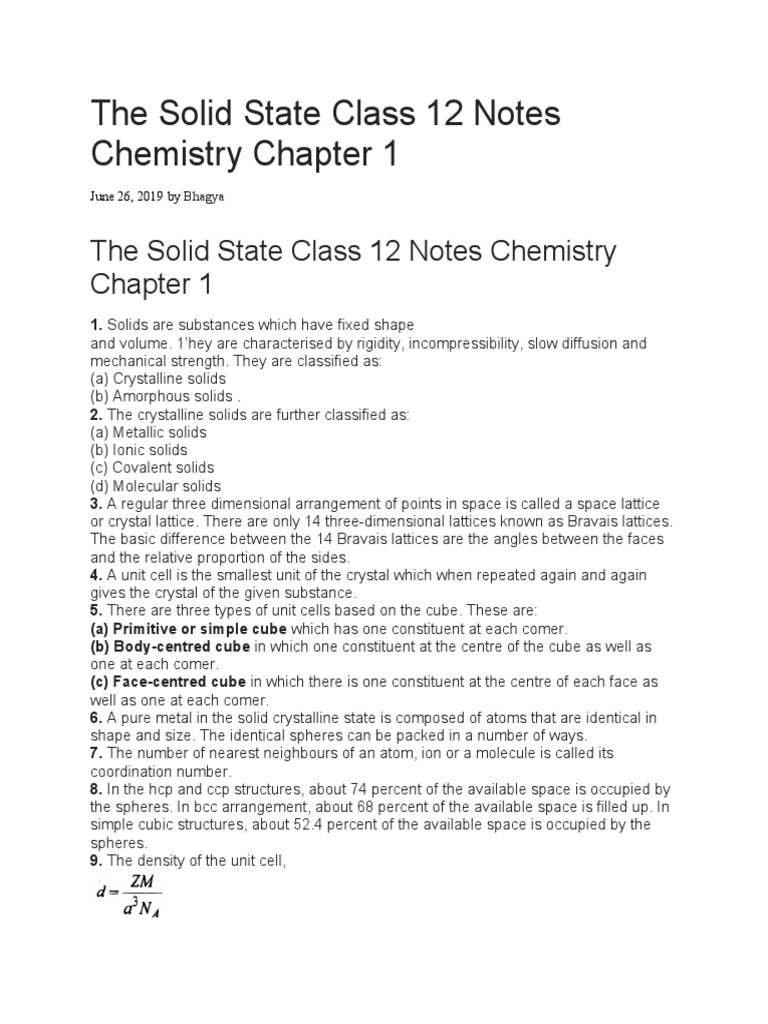 The Solid State Class 12 Notes Chemistry | PDF | Crystal Structure | Ion