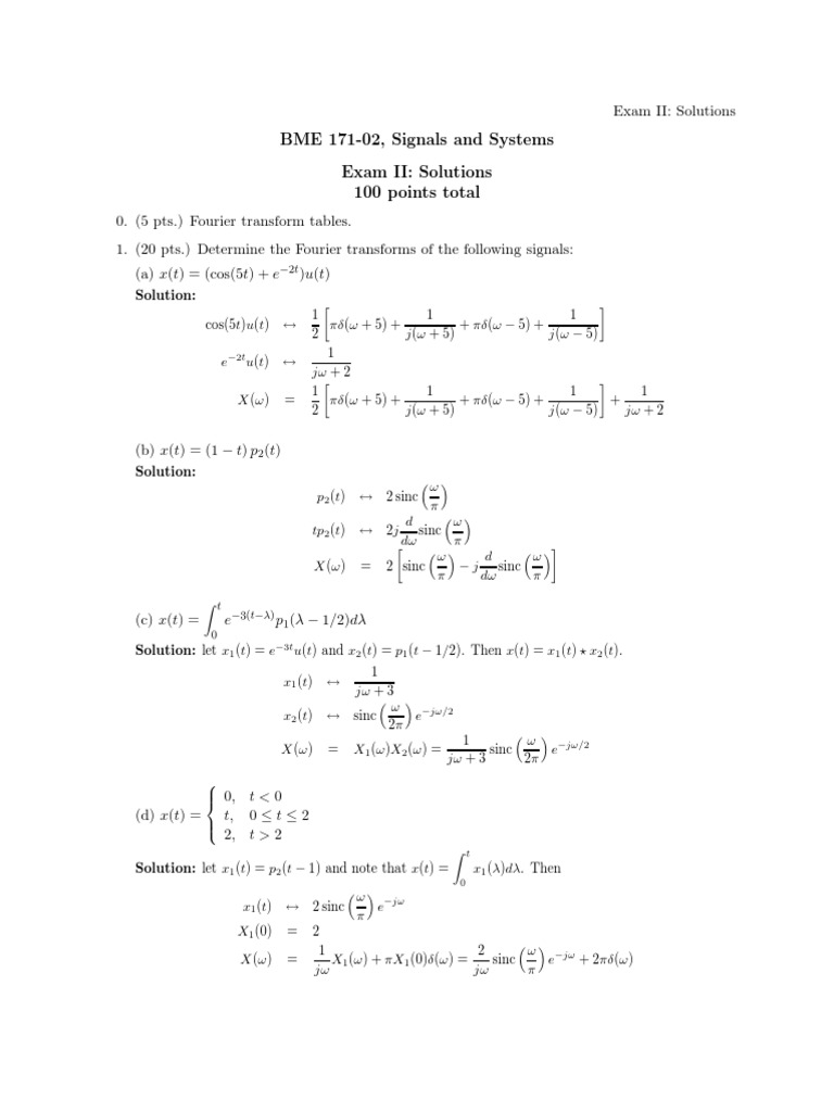 BME 171-02, Signals and Systems Exam II: Solutions 100 Points Total ...