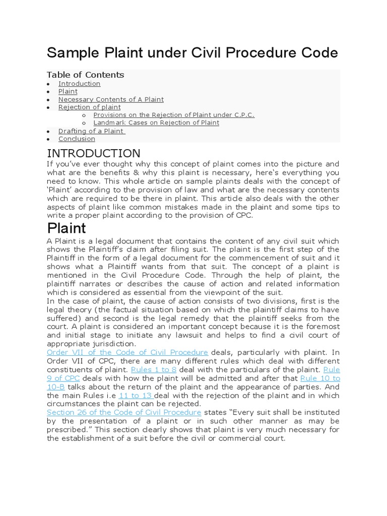Sample Plaint Under Civil Procedure Code | PDF | Lawsuit | Plaintiff