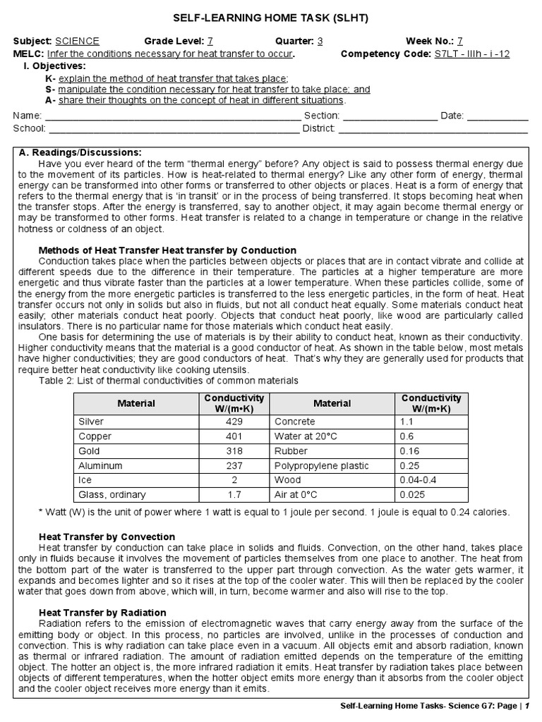 Self-Learning Home Tasks-Science G7: Page - 1 | PDF | Heat Transfer | Heat