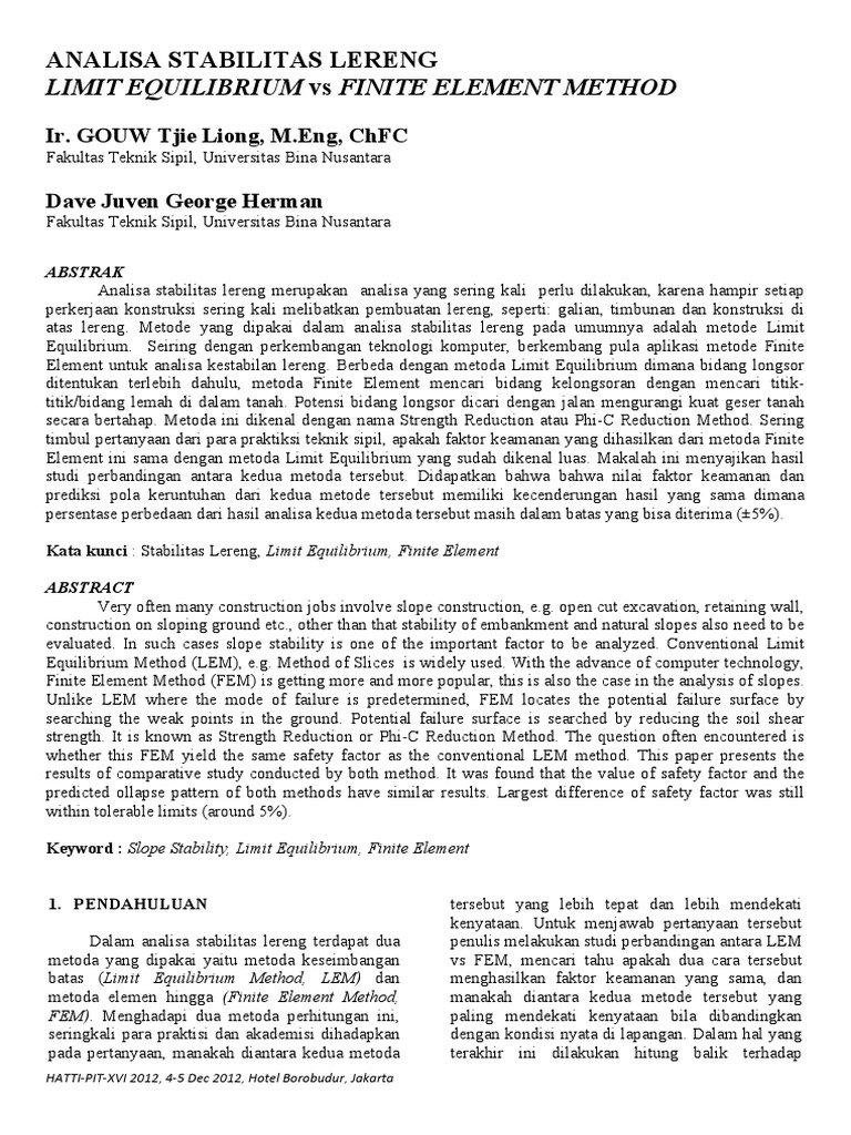 Analisa Stabilitas Lereng Limit Equilibrium Vs Finite Element Method | PDF