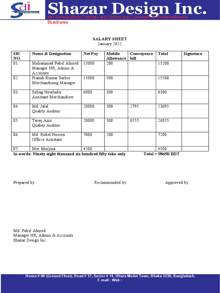 January 2022 Salary Sheet | PDF