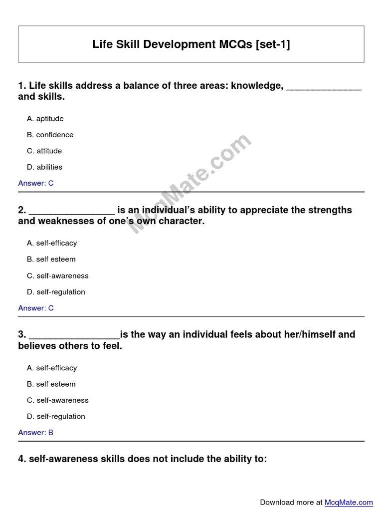 Life Skill Development Solved MCQs (Set-1) | PDF | Self Awareness | Thought