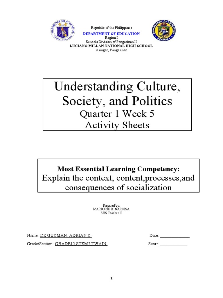 DE GUZMAN, ADRIAN Z. (WK-5-Activity-Sheet-Q1-ucsp) | Download Free PDF | Socialization | Godparent