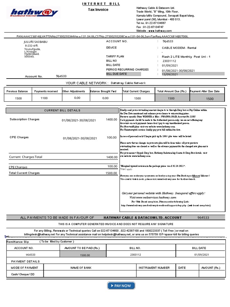 Your Cable Network:: Tax Invoice | PDF | Payments | Economies