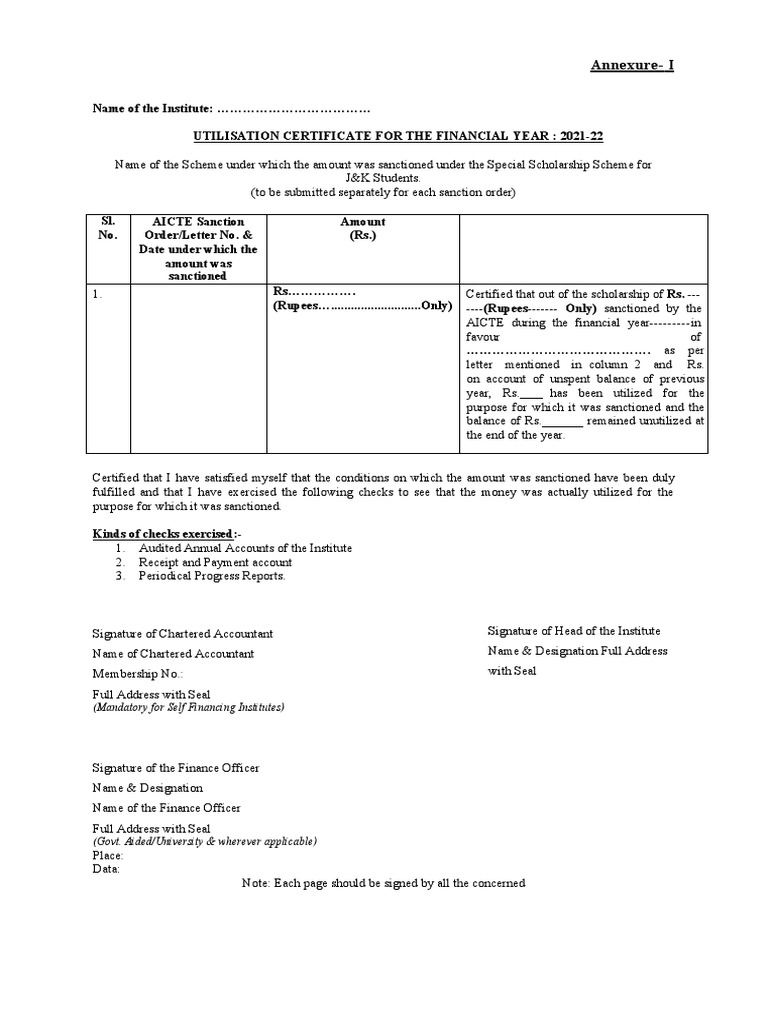 Annexure-1 (Utilization Certificate) | PDF | Financial Services | Business