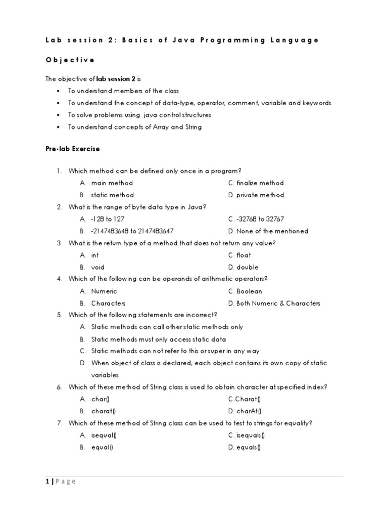 Lab Session 2 Basics Of Java Programming Language Objective Pdf Method Computer 1308