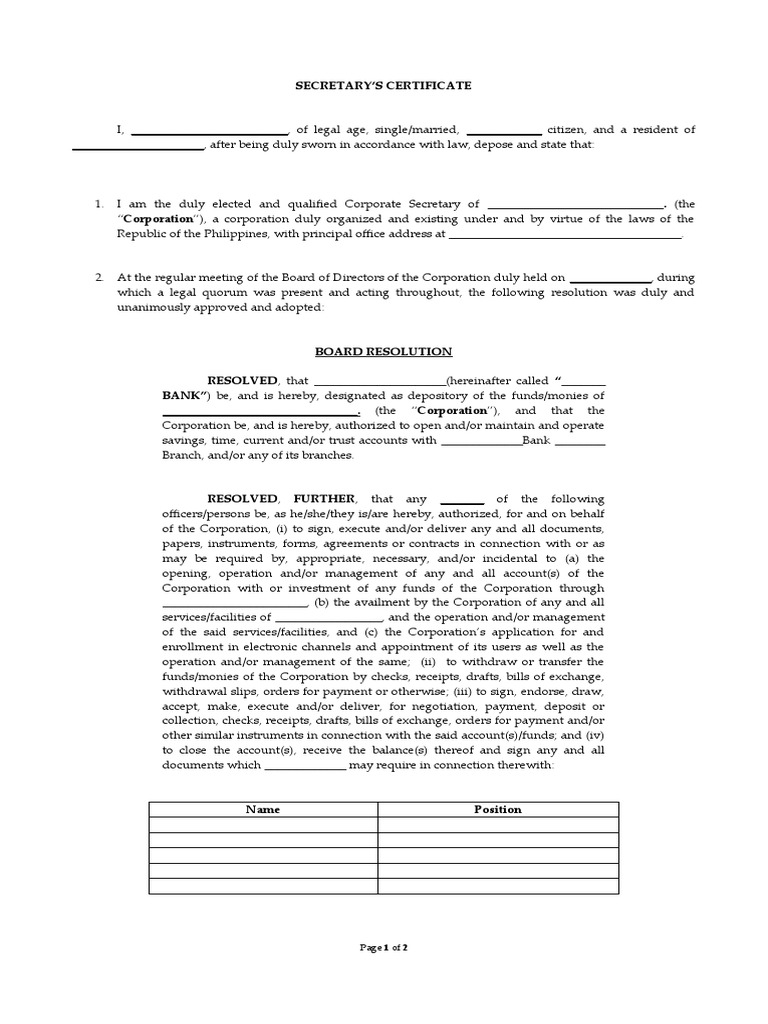 Secretary Certificate (Bank Opening) - Sample - 1 Feb 2022 | PDF ...