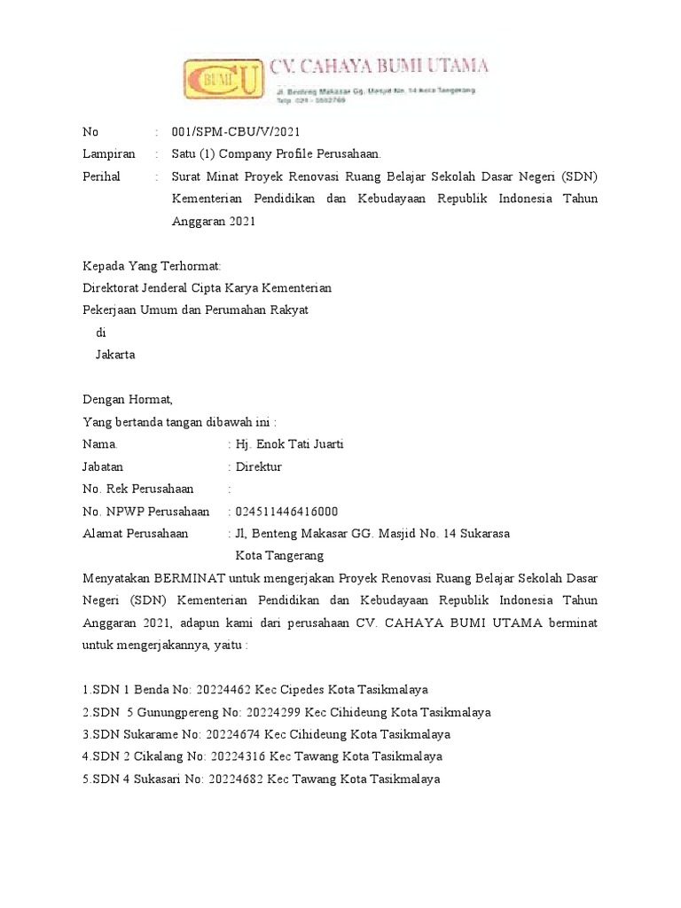 Surat Minat SDN CV CBU | PDF
