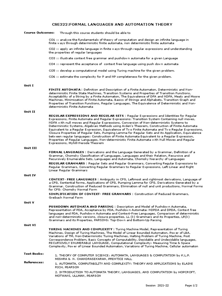 Cse322:Formal Languages and Automation Theory: Session 2021-22 Page:1/2 | Download Free PDF ...