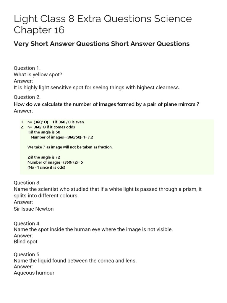 Light Class 8 Extra Questions Science Chapter 16 | PDF | Eye ...