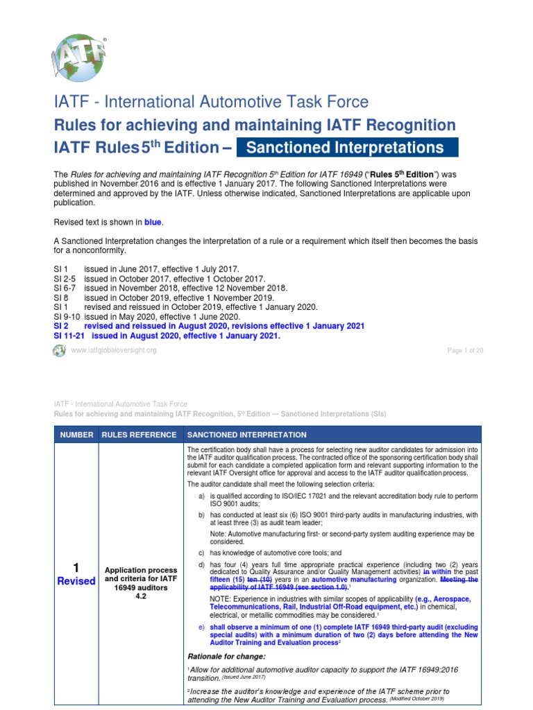 IATF Rules 5th Edition - Sanctioned Interpretations Aug 2020 | PDF ...