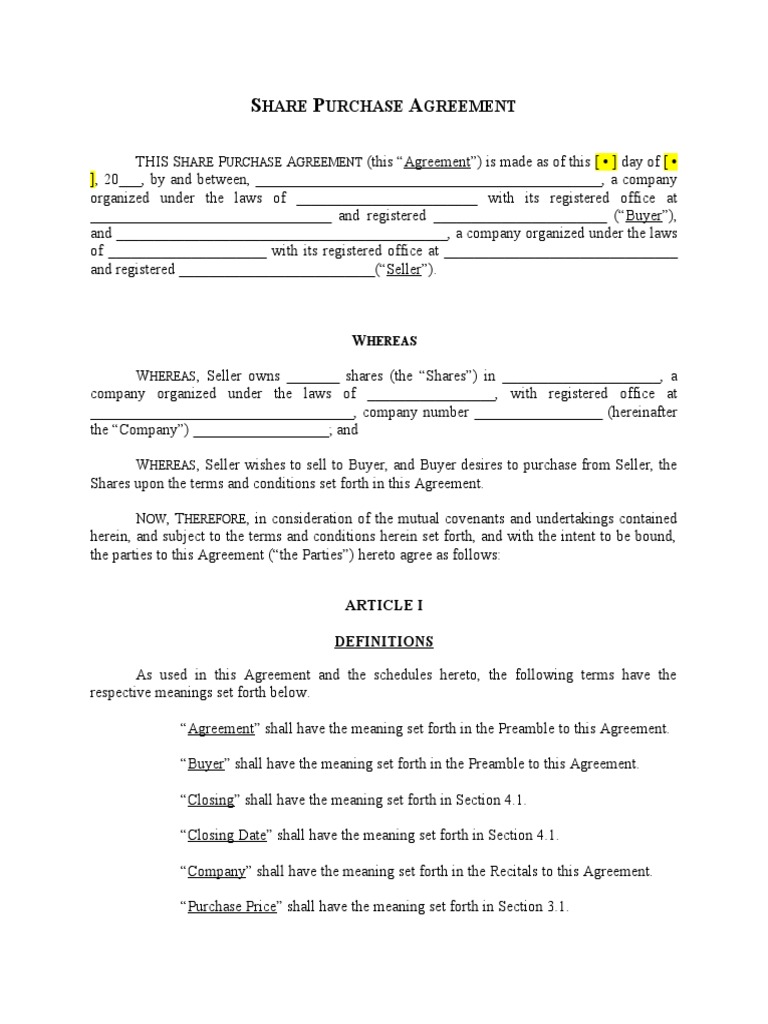 Share Purchase Agreement Template | PDF | Legal Concepts | Civil Law ...