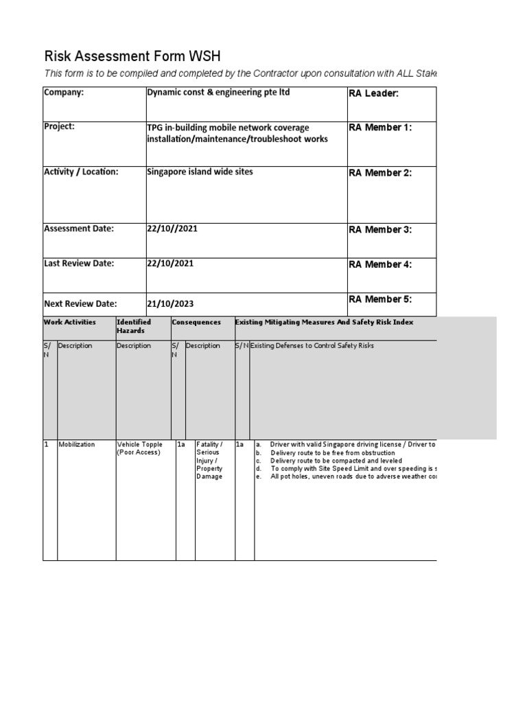 Risk Assessment Form WSH | PDF | Scaffolding | Safety