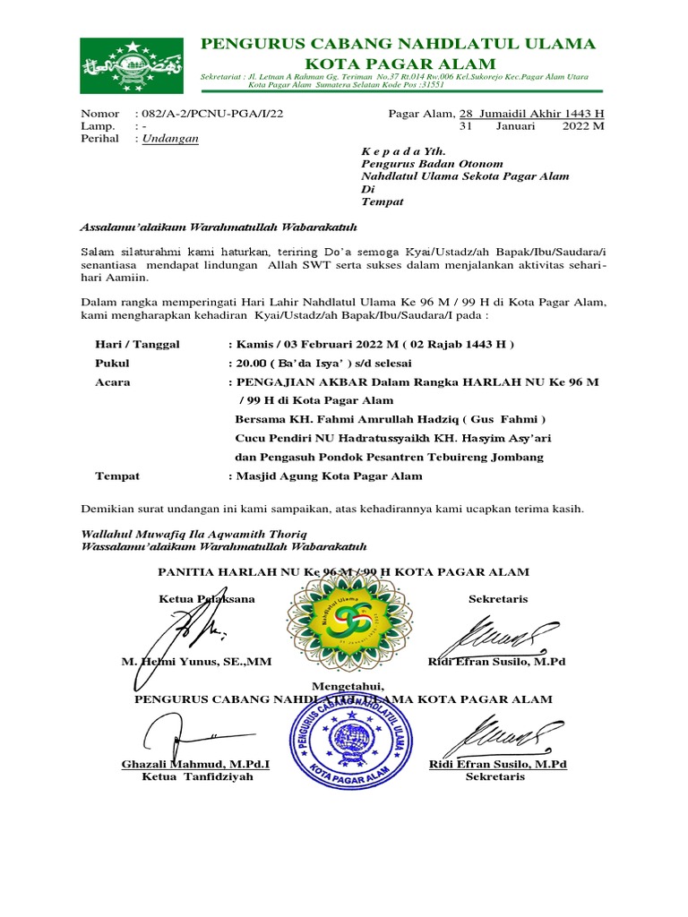 Undangan Banom Nu Harlah Nu Pagar Alam | PDF