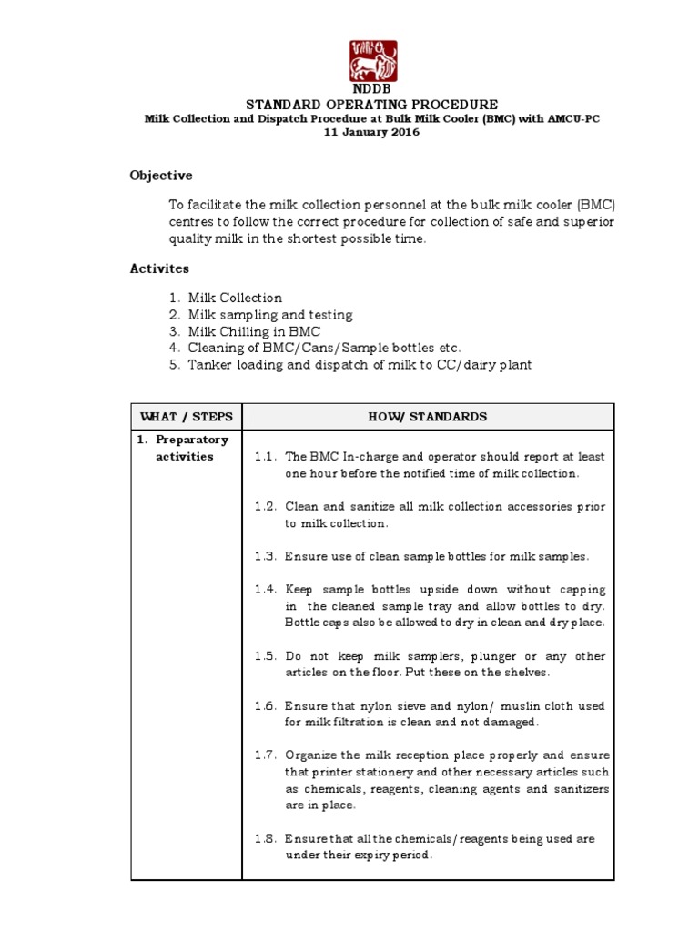 Sop BMC Milk Collection Centre | PDF | Calibration | Weighing Scale