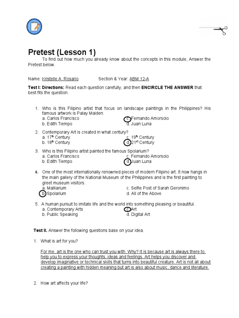 Pretest (Lesson 1) : Test I: Directions: Read Each Question Carefully ...